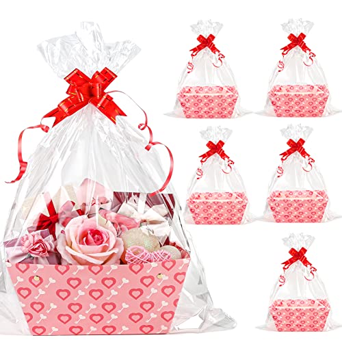 Aoibrloy 5 Pack Valentine's Day Basket For Gifts Empty, 9.8 x 6.5 Inch Pink Empty Gift Basket to Fill, Heart Patterns DIY Gift Basket Empty for Valentine's Day, Birthday, Wedding, Anniversary