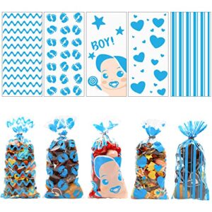 SULOLI Baby Shower Cellophane Bags,120pcs Blue Candy Gift Bags Gender Reveal Treat Bags with 150 Twist for Baby Boy Shower Party Favor Candy Buffet Supplies