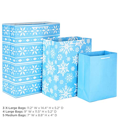 Hallmark Christmas Gift Bags Assorted Sizes (12 Bags: 5 Medium 8", 4 Large 11", 3 Extra Large 14") Red, Blue, Green, Solids, Snowflakes, Stripes