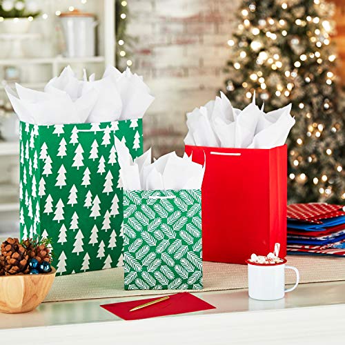 Hallmark Christmas Gift Bags Assorted Sizes (12 Bags: 5 Medium 8", 4 Large 11", 3 Extra Large 14") Red, Blue, Green, Solids, Snowflakes, Stripes