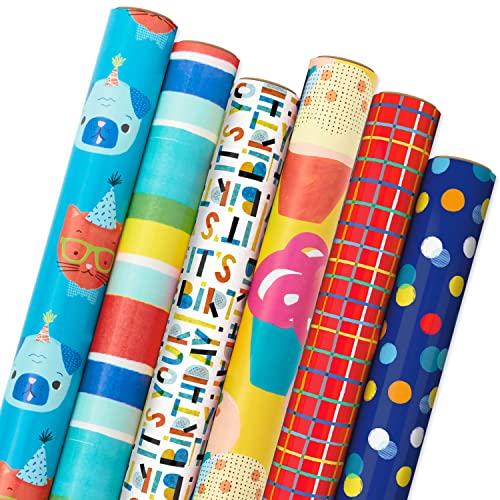 Hallmark Colorful Wrapping Paper Bundle with Cutlines on Reverse (6 Rolls: 110 Square Feet Total) Llamas, Zebras, Cupcakes, Holographic Stripes, Polka Dots for Birthdays, Kids Parties, Back to School