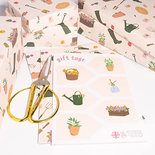 CENTRAL 23 Birthday Wrapping Paper - 6 Sheets of Fun Gift Wrap for Plant Lover - Cute Garden Tools Design - Beige Green - For Plant Mum - Eco Friendly - Recyclable