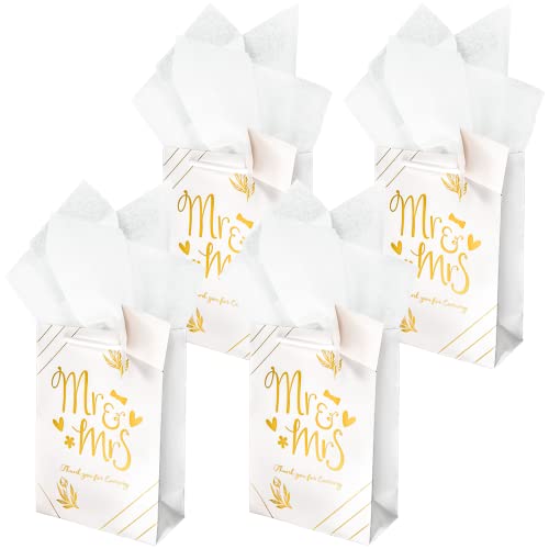 ECOHOLA Mr & Mrs Paper Gift Bags, 24 Pieces Metallic Gold Foil Goodie Bags Fancy Wedding Gift bags for guests, 8"X5.5"X2.5"