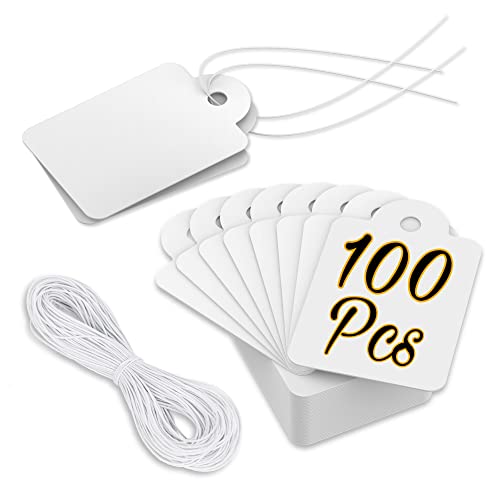 Price Tags with String (100 Pack, White) 1.75x1.09 Inch – Lightweight Quality Card Stock Material – Strings Tags to Label Parcels, Gifts, Clothing & All Kind of Events