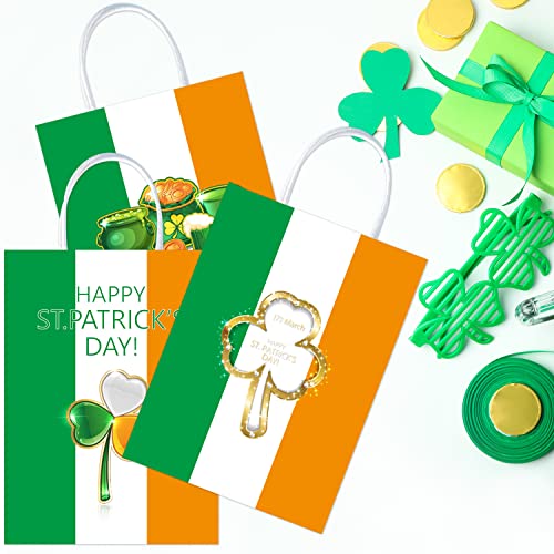 SPERPAND 24 Pcs St. Patrick's Day Gift Bags with 24 Tissue, 8.7"Paper Goodie Favor Bags with Handles, Shamrock Green Orange White Stripe Patrick Bags for Party Accessories(3 Irish Styles)