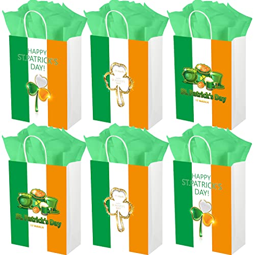 SPERPAND 24 Pcs St. Patrick's Day Gift Bags with 24 Tissue, 8.7"Paper Goodie Favor Bags with Handles, Shamrock Green Orange White Stripe Patrick Bags for Party Accessories(3 Irish Styles)