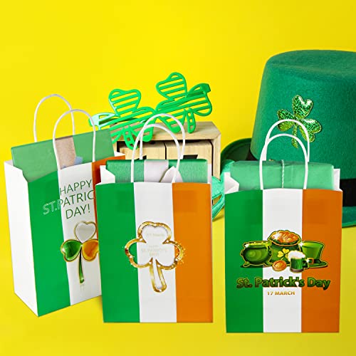 SPERPAND 24 Pcs St. Patrick's Day Gift Bags with 24 Tissue, 8.7"Paper Goodie Favor Bags with Handles, Shamrock Green Orange White Stripe Patrick Bags for Party Accessories(3 Irish Styles)