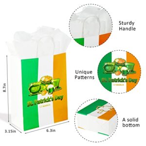 SPERPAND 24 Pcs St. Patrick's Day Gift Bags with 24 Tissue, 8.7"Paper Goodie Favor Bags with Handles, Shamrock Green Orange White Stripe Patrick Bags for Party Accessories(3 Irish Styles)