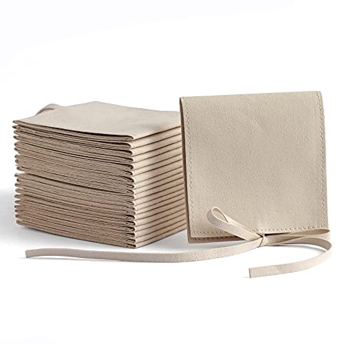 PandaSew Jewelry Pouch 20pcs 8x8cm Luxury Microfiber Jewelry Packaging Bag Gift Envelope Style with Strings & Divider,Beige