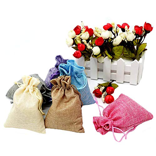 AKLVBL 24 Pack 3.9x5.2 Inch Mixed Color Burlap Favor Gift Bags, Small Gift Bags,Linen Jewelry Pouches with Drawstring for Gifts and Wedding Party