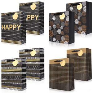 boonny valentine’s day gift bags, 8 pack gift bags large size, premium black gift bags with handles, 4 assorted black foil designs paper gift bags for kids birthday, halloween, birthday party favors, kids party favors, 15.4inch