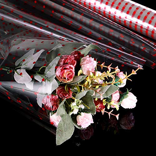 STOBOK Cellophane Wrap Roll | Red Polk Dot Gift Wrappings Paper 15.7 inch x100 Ft,2.5 Mil Thicken Transparent Long Film Gift Wrappings Packing Paper for Flowers Craft Basket Food