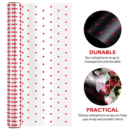 STOBOK Cellophane Wrap Roll | Red Polk Dot Gift Wrappings Paper 15.7 inch x100 Ft,2.5 Mil Thicken Transparent Long Film Gift Wrappings Packing Paper for Flowers Craft Basket Food