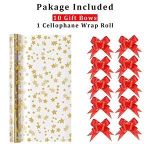 Christmas Cellophane Wrap Roll, Cellophane Wrap Gift Basket Wrap, Nistar Cellophane Wrap Roll (32 in x 50 ft) Gold for Gift Baskets with 8 Bows Extra Large Clear Wrapping Paper to Treats, Flower, DIY Craft for Holiday, Christmas