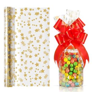 Christmas Cellophane Wrap Roll, Cellophane Wrap Gift Basket Wrap, Nistar Cellophane Wrap Roll (32 in x 50 ft) Gold for Gift Baskets with 8 Bows Extra Large Clear Wrapping Paper to Treats, Flower, DIY Craft for Holiday, Christmas