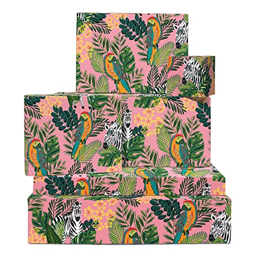 CENTRAL 23 Floral Wrapping Paper - Bird Wrapping Paper - 6 Sheets of Gift Wrap - Tropical Leaves Zebra and Parrot - Pink Green - Comes With Fun Stickers