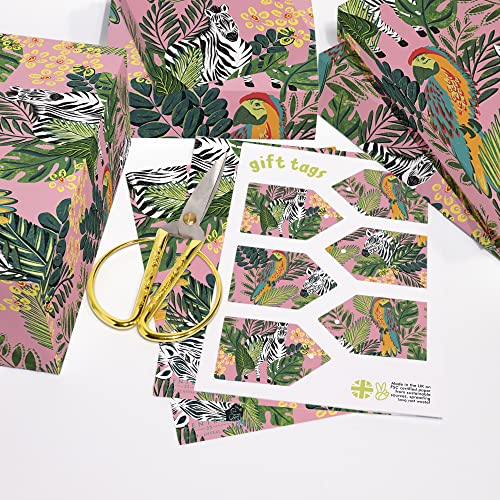 CENTRAL 23 Floral Wrapping Paper - Bird Wrapping Paper - 6 Sheets of Gift Wrap - Tropical Leaves Zebra and Parrot - Pink Green - Comes With Fun Stickers