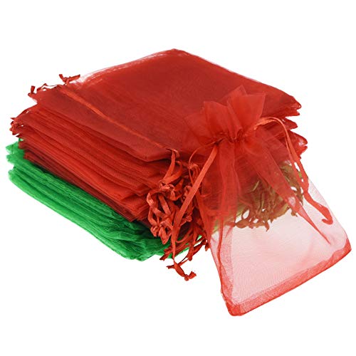 Bskifnn 50pcs Organza Bags 3.54''x4.33''(9x11cm) Satin Drawstring Organza Pouch Wedding Party Favor Gift Bag Jewelry Watch Bags-Red+Green