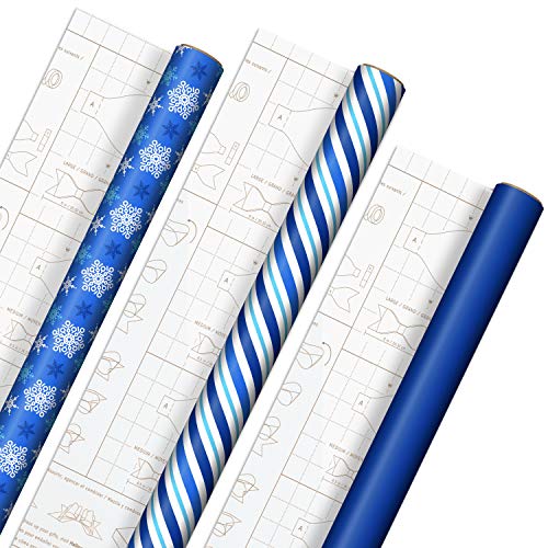 Hallmark Holiday Wrapping Paper with DIY Bow Templates on Reverse (3 Rolls: 120 sq. ft. ttl) Blue and White Snowflakes, Stripes, Solid Blue for Christmas, Hanukkah, Weddings, Birthdays