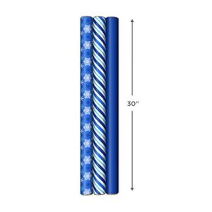 Hallmark Holiday Wrapping Paper with DIY Bow Templates on Reverse (3 Rolls: 120 sq. ft. ttl) Blue and White Snowflakes, Stripes, Solid Blue for Christmas, Hanukkah, Weddings, Birthdays