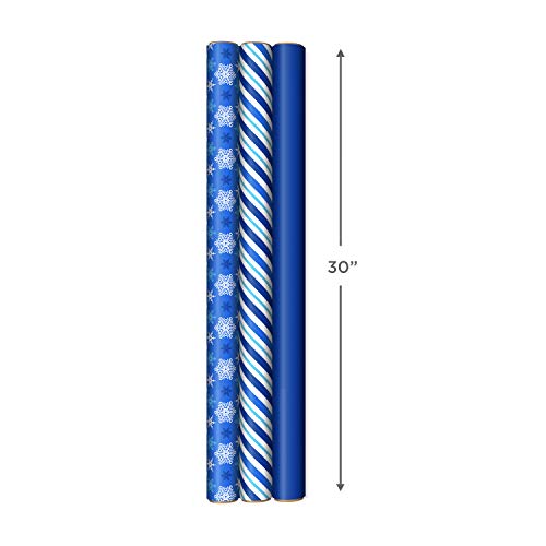 Hallmark Holiday Wrapping Paper with DIY Bow Templates on Reverse (3 Rolls: 120 sq. ft. ttl) Blue and White Snowflakes, Stripes, Solid Blue for Christmas, Hanukkah, Weddings, Birthdays