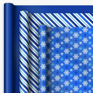 Hallmark Holiday Wrapping Paper with DIY Bow Templates on Reverse (3 Rolls: 120 sq. ft. ttl) Blue and White Snowflakes, Stripes, Solid Blue for Christmas, Hanukkah, Weddings, Birthdays