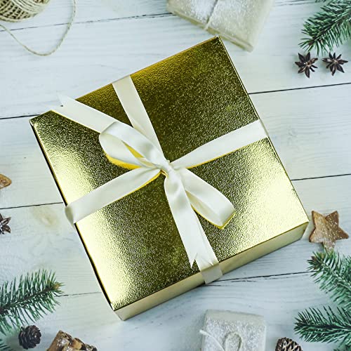 YINUOYOUJIA Gold Gift Box with Lids for Presents, 10pcs 8x8x4 Inches Bridesmaid and Groomsmen Proposal Boxes Gold with Ribbons and Textures for Birthdays, Wedding, Anniversary, Valentines