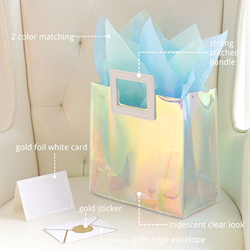 VUOJUR 8.3'' Holographic Reusable Small Gift Bag with Tissue Paper and Blank Card for Women Girls Birthday Baby Shower Wedding Anniversary(Aquamarine & SkyBlue)