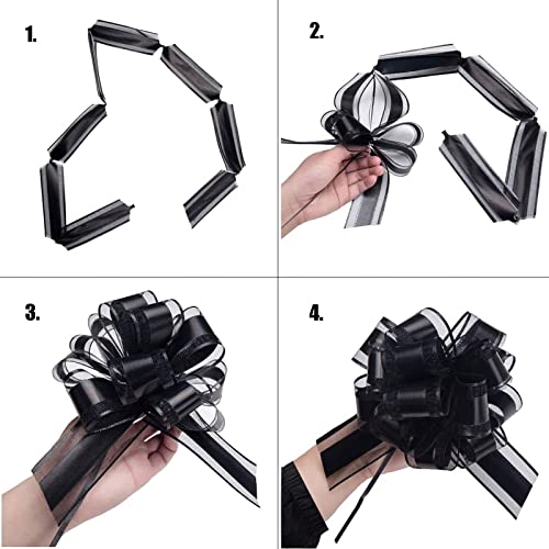 12 Pieces Black Pull Bow Wrapping Pull Bow Ribbon Pull Bows for Wedding Baskets,6 Inches Diameter Gift Bows, Large Bows for Presents.