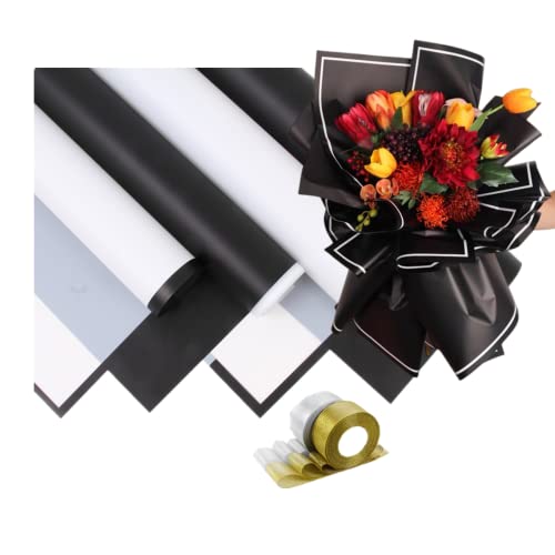 20 Counts 4 Styles Black White Waterproof Florist Bouquet Paper Packaging Paper,Fresh Flowers Wrapping Paper with Border 23"with 48 Yards 1/2"Fabric Ribbons,Gift Packaging for Birthday Holiday Wedding