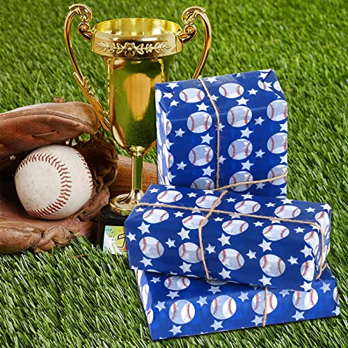 Kavoc 100 Sheets 20 x 14 Inch Baseball Tissue Paper Bulk Baseball Wrapping Paper Sheets for Gift Wrapping Blue Red Star Baseball Tissue Sheets for Birthdays Party Gift Bag DIY Pompom Confetti Crafts