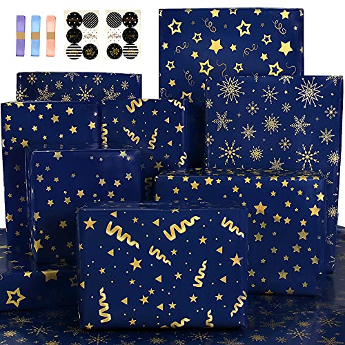 Wrapping Paper Flat Sheets - Birthday Wrapping Paper Set with Sticker Ribbon - Gift Wrapping Paper with Dark Blue and Gold Stripes Star Design - Navy Blue Wrapping Paper for Men Boy - Birthday Gift Wrap for Christmas, Hanukkah, Birthday, Graduation, Fathe