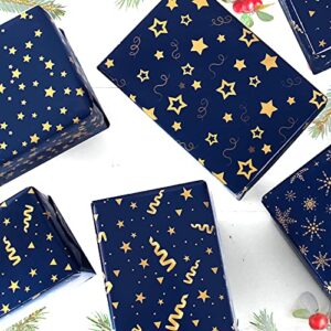 Wrapping Paper Flat Sheets - Birthday Wrapping Paper Set with Sticker Ribbon - Gift Wrapping Paper with Dark Blue and Gold Stripes Star Design - Navy Blue Wrapping Paper for Men Boy - Birthday Gift Wrap for Christmas, Hanukkah, Birthday, Graduation, Fathe