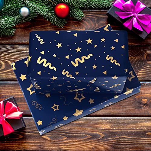 Wrapping Paper Flat Sheets - Birthday Wrapping Paper Set with Sticker Ribbon - Gift Wrapping Paper with Dark Blue and Gold Stripes Star Design - Navy Blue Wrapping Paper for Men Boy - Birthday Gift Wrap for Christmas, Hanukkah, Birthday, Graduation, Fathe