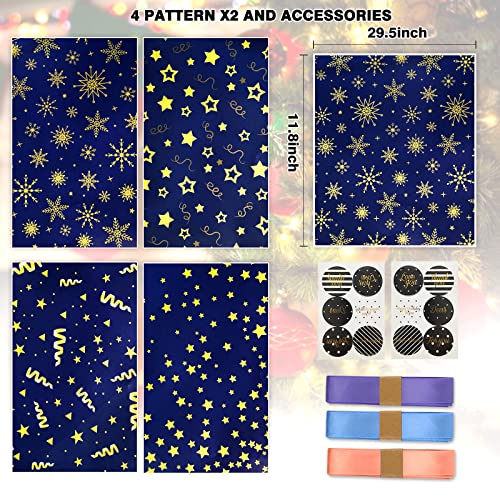 Wrapping Paper Flat Sheets - Birthday Wrapping Paper Set with Sticker Ribbon - Gift Wrapping Paper with Dark Blue and Gold Stripes Star Design - Navy Blue Wrapping Paper for Men Boy - Birthday Gift Wrap for Christmas, Hanukkah, Birthday, Graduation, Fathe