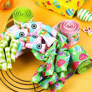 3 Rolls 2.5 Inch Easter Wired Edge Ribbon Easter Eggs Printed Ribbon Bunny Carrots Truck Ribbon Easter Plaid Burlap Ribbon for Easter Wreath Decoration Wrapping Floral Bows, Totally 19.5 Yards