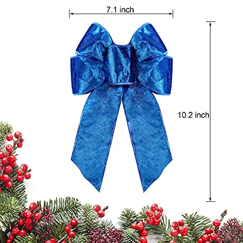 Lulu Home Holiday Small Bows, 10" x 7" Blue Velvet Bow Knots, Wired Edge Decorative Bows for Gift Wrapping DIY Crafts Supplies, 8 Packs