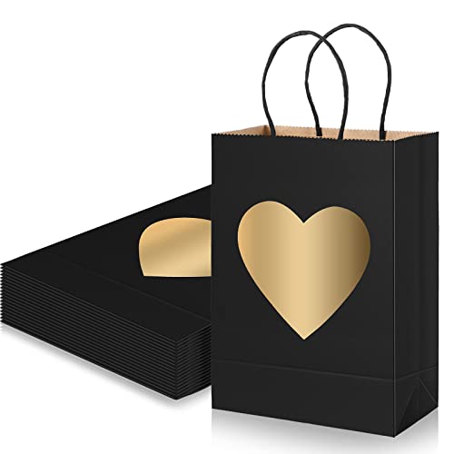 16 Pcs Heart Shape Gift Bags Medium Size Black Gift Bags with Handles Black Paper Bags for Wedding Valentines Party Favors Shopping Retail Boutique