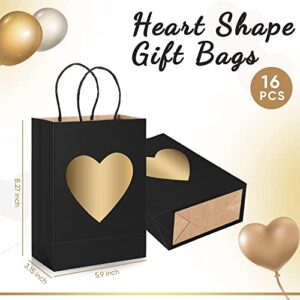 16 Pcs Heart Shape Gift Bags Medium Size Black Gift Bags with Handles Black Paper Bags for Wedding Valentines Party Favors Shopping Retail Boutique