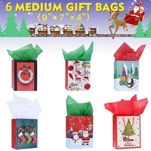 Smarimple Christmas Bags Bulk Set Includes Assorted Sizes 3 Jumbo 5 Large 6 Medium 2 Wine Bags 16 Count Glitter Design with 12 Sheets Tissue Paper