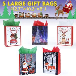 Smarimple Christmas Bags Bulk Set Includes Assorted Sizes 3 Jumbo 5 Large 6 Medium 2 Wine Bags 16 Count Glitter Design with 12 Sheets Tissue Paper