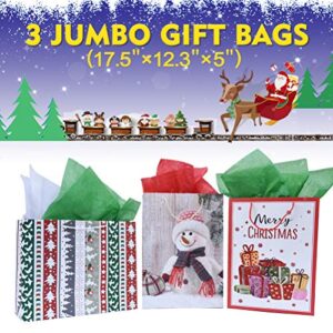 Smarimple Christmas Bags Bulk Set Includes Assorted Sizes 3 Jumbo 5 Large 6 Medium 2 Wine Bags 16 Count Glitter Design with 12 Sheets Tissue Paper