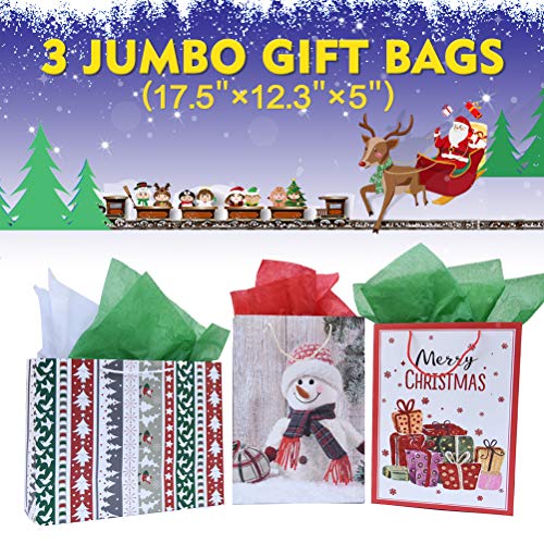 Smarimple Christmas Bags Bulk Set Includes Assorted Sizes 3 Jumbo 5 Large 6 Medium 2 Wine Bags 16 Count Glitter Design with 12 Sheets Tissue Paper