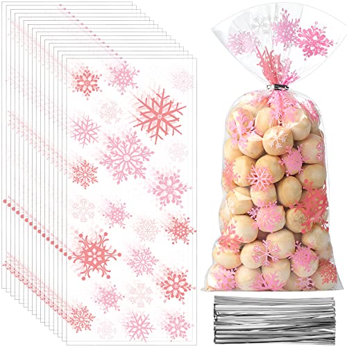 Snowflake Cello Treat Bags Christmas Xmas Party Cellophane Plastic Candy Goodie Bags with Twist Ties for Winter Holiday Wonderland Birthday Baby Shower Party Favors (Pink)