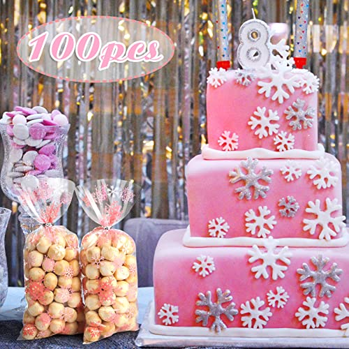 Snowflake Cello Treat Bags Christmas Xmas Party Cellophane Plastic Candy Goodie Bags with Twist Ties for Winter Holiday Wonderland Birthday Baby Shower Party Favors (Pink)