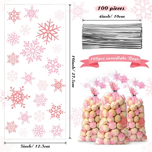 Snowflake Cello Treat Bags Christmas Xmas Party Cellophane Plastic Candy Goodie Bags with Twist Ties for Winter Holiday Wonderland Birthday Baby Shower Party Favors (Pink)