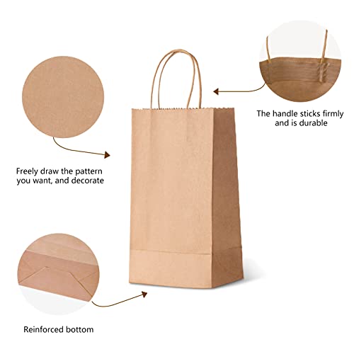 TOWRAP Small Gift Bags Bulk 100Pcs 5.25x3.75x8 Inch with Handles Brown Kraft Paper Bags,Party Bags, Shopping Bags,Retail Bags,Merchandise Bags,Favor Bags,Business Bags