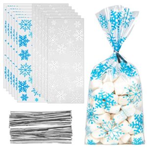 labeol 200pcs cellophane bags 5x11 christmas treat bags with ties goodie bags clear gift bags for candy cookie party favor winter wonderland birthday baby shower blue white snowflake