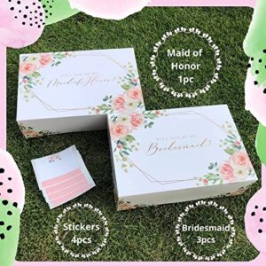 Joy Holder Bridesmaid Proposal Boxes with Stickers 4pcs|1 Maid of Honor Box,3 Boxes,Gift Will You Be My for Proposal, Bridesmaids