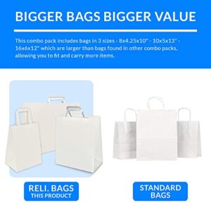 Reli. Paper Bags w/Handles, White | Assorted Large Sizes | 75 Pcs (25 Bags Per Size) - Bulk | 8x4.25x10-10x5x13-16x6x12 | White Paper Bags Combo Pack | Retail Bags/Shopping Bags, Gift Bags